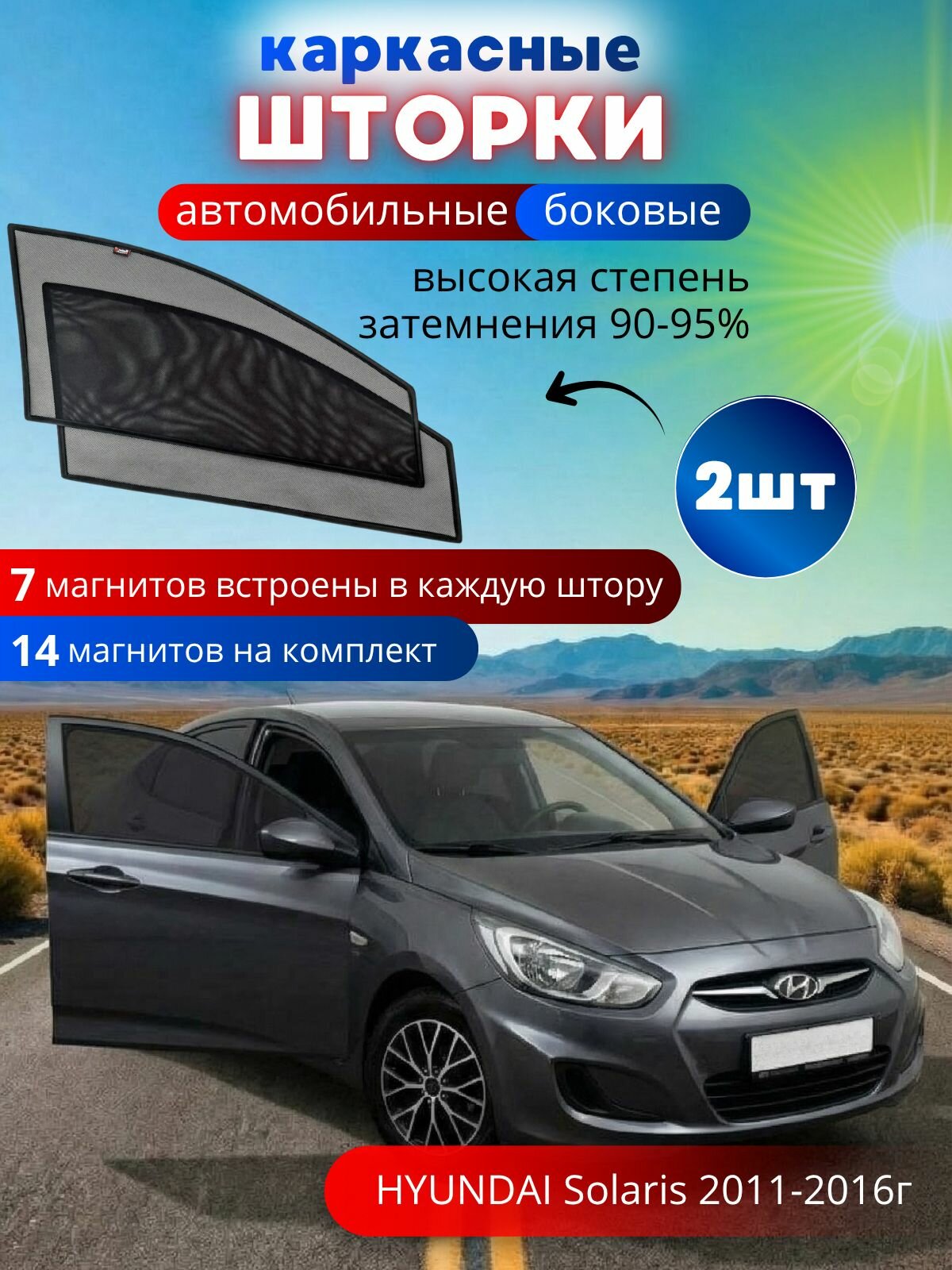 Шторки в машину от солнца на боковые стекла HYUNDAI Solaris 2011-2016, 2 шт, каркасные солнцезащитные шторки передних дверей, на встроенных магнитах, высокая степень затемнения 90-95%.