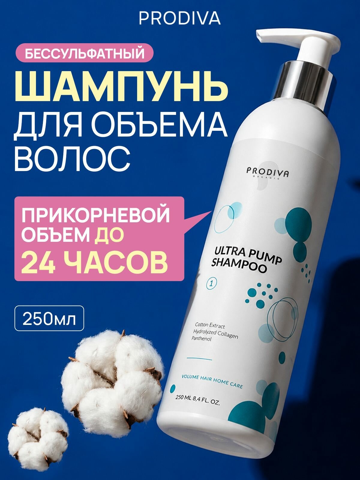 Шампунь для пышного объема и плотности волос Ultra Pump Shampoo с коллагеном и хлопком 250 мл
