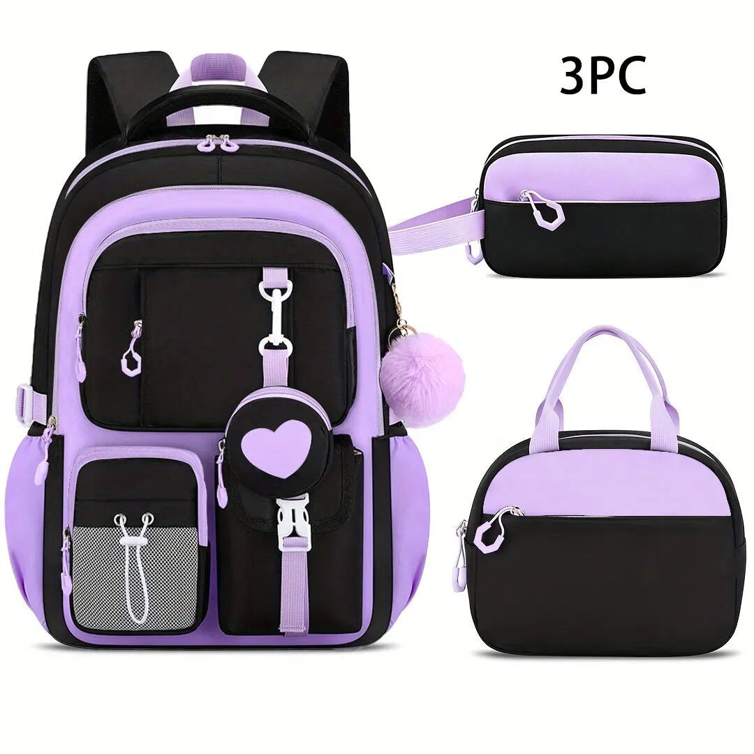 Детский рюкзак с пеналом и сумочкой Black purple 3pcs