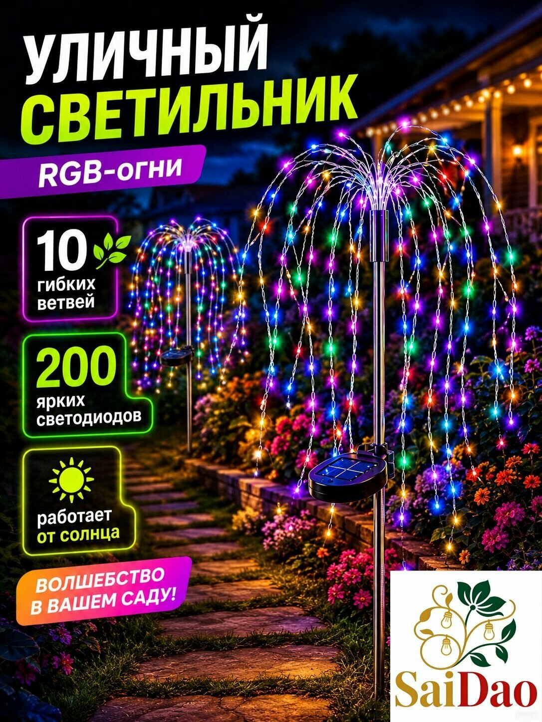 Светильник садовый, автоматический, 200LED, IP65, на солнечной батарее