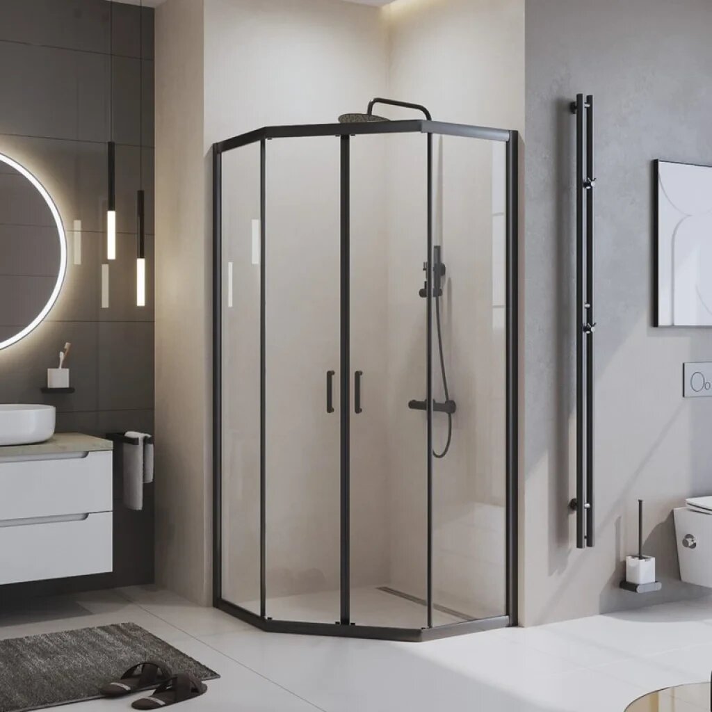 Душевой уголок BelBagno Uno 195 P 2 90 C Nero профиль черный, стекло прозрачное, UNO-195-P-2-90-C-NERO, Алюминий