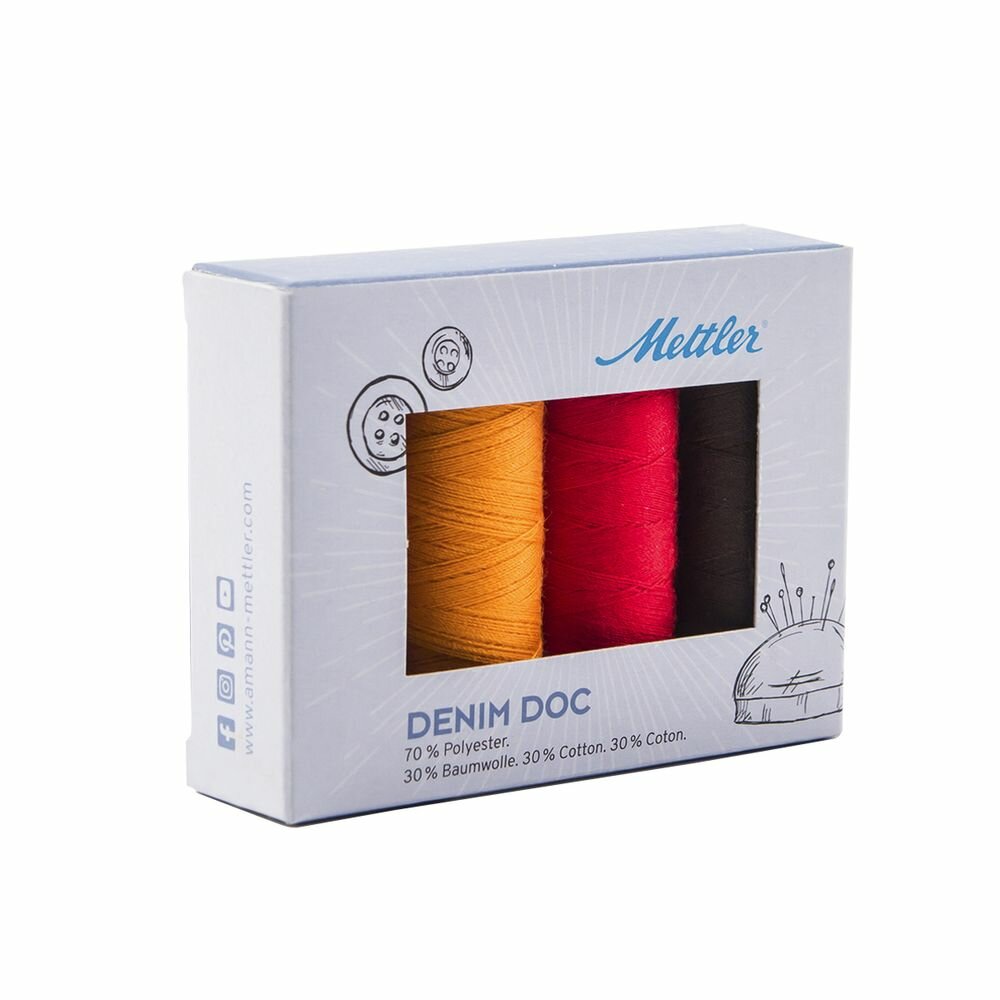 Набор ниток METTLER "Denim Doc 75", для джинс, 100 м, 4 катушки, цвета 1479, 0122, 2427, 1277, в подарочной упаковке