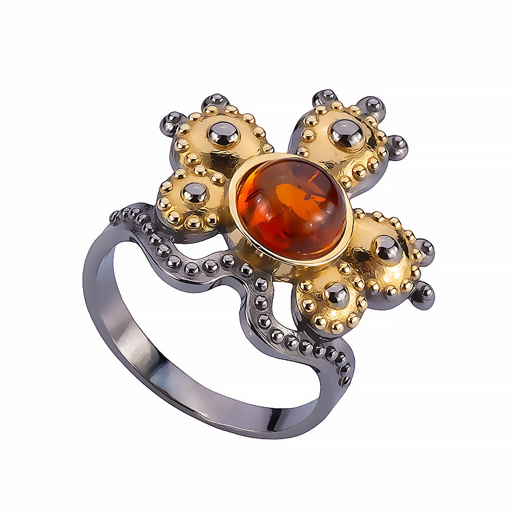 Кольцо, серебро, 925 проба, родирование, янтарь