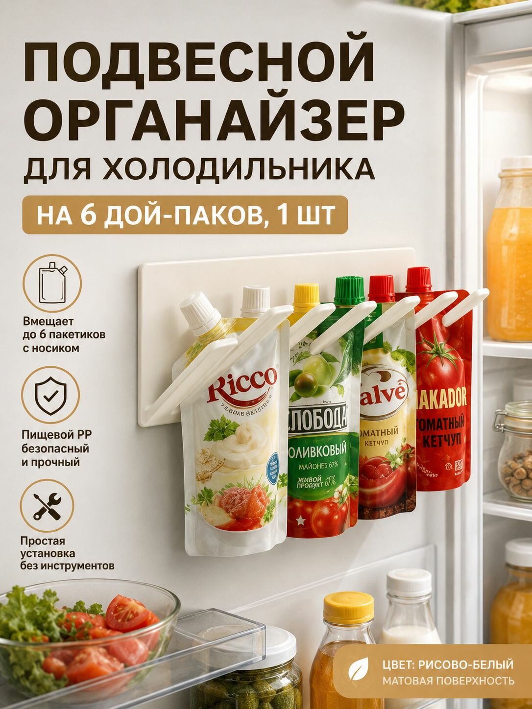 Держатель для соусов в холодильник подвесной на 6 упаковок дой-пак, органайзер кухонный пластиковый для экономии места