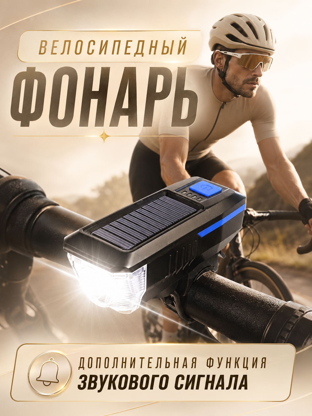 Велосипедная фара с солнечной зарядкой, гудком и 3 режимами, синяя