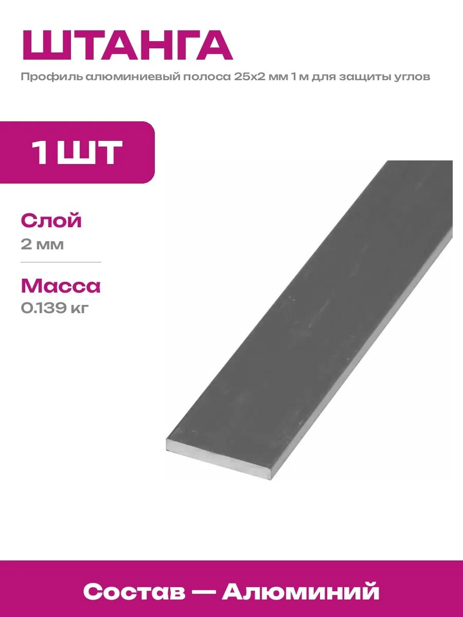 Алюминиевая шина 25х2 мм 1000 мм профиль для отделки 1 шт