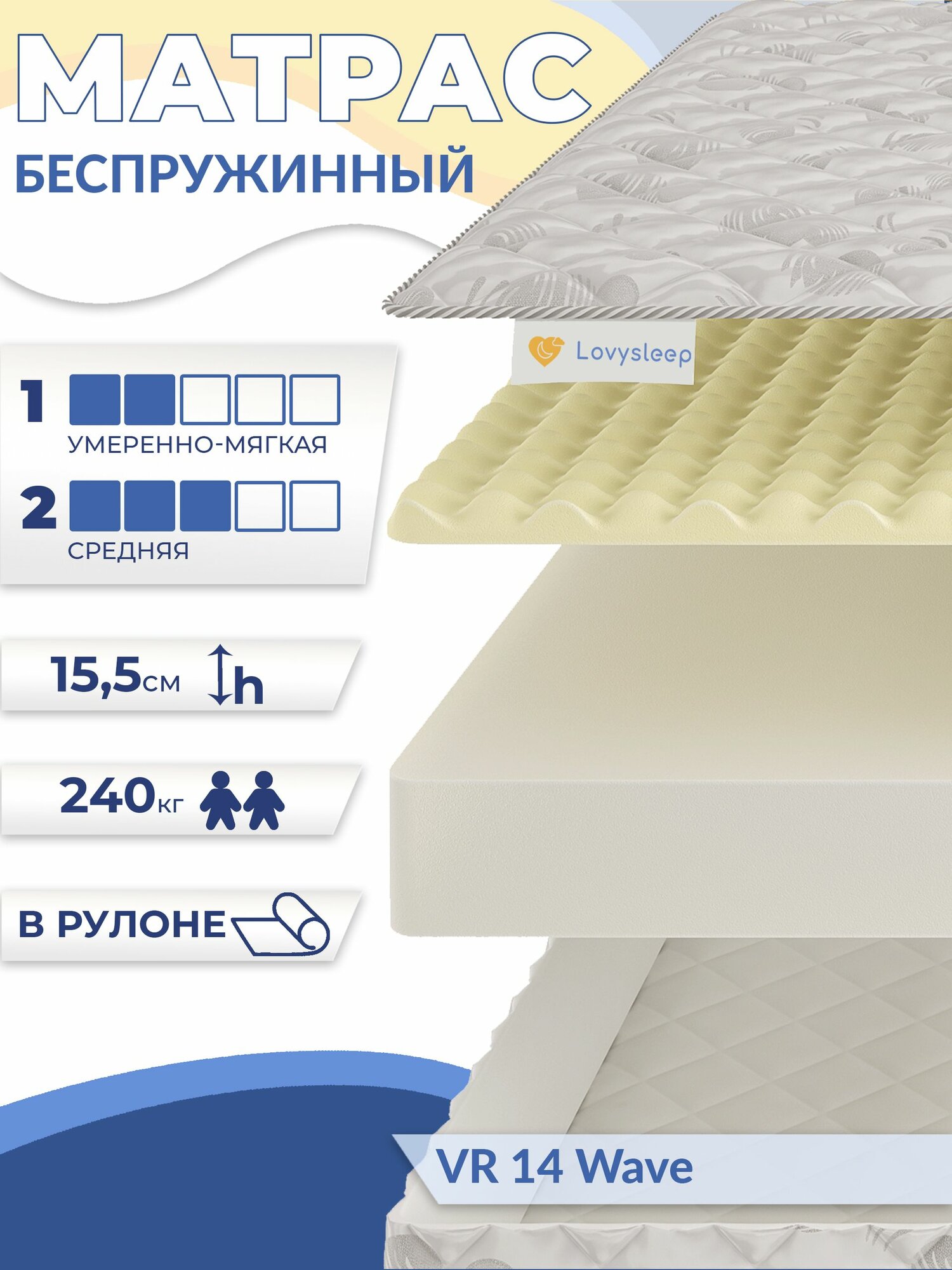 Матрас VR 14 Wave 140х180 см, беспружинный, 15,5 см, двуспальный, двусторонний с разной жесткостью, в рулоне