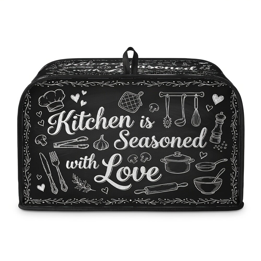 Чехол для тостера винтажный с принтом кухонной цитаты и меловой посуды «Seasoned with Love», моющийся, пылезащитный, с верхним крючком, размер M (31×27×21 см)
