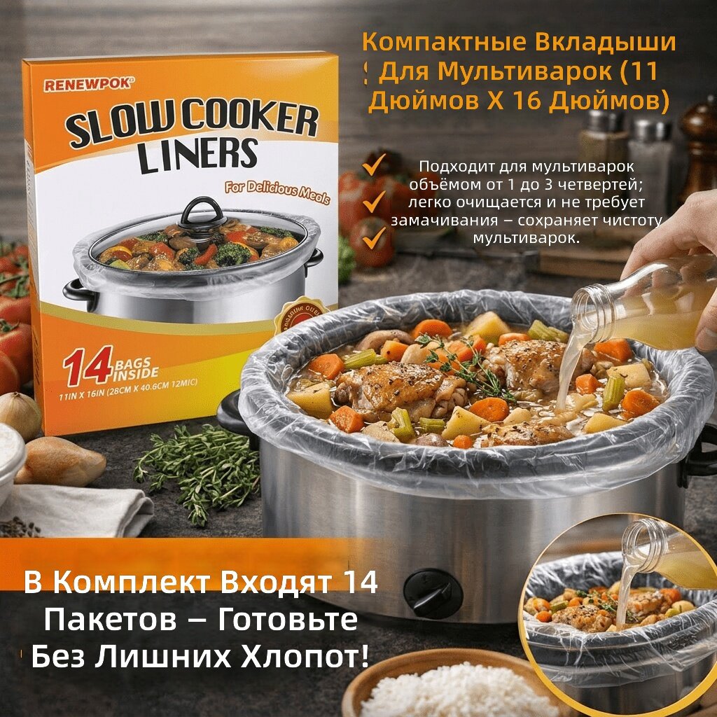 Пакеты для мультиварки тяжелые, 14 шт, 11x16 дюймов, 1-3 кварты, пищевые, для приготовления и разогрева