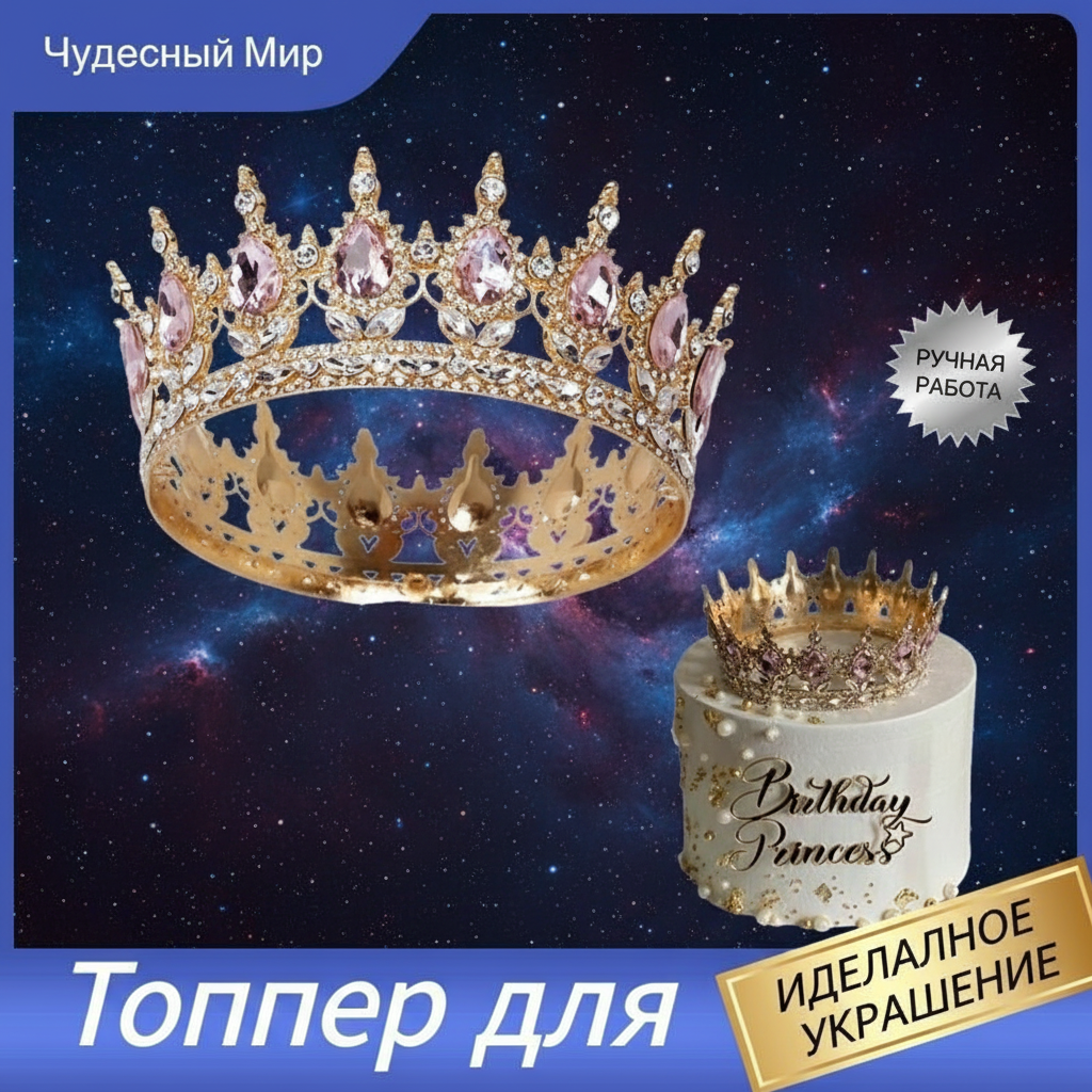 Золотистая корона розовый кристалл топпер для выпечки биопластик 200 г
