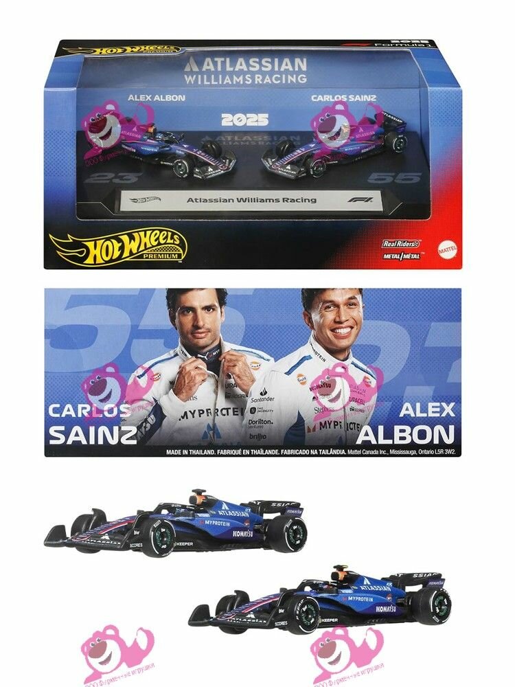 Машинка Mattel Hot Wheels JMM89-986B Premium Race 2-Pack Atlassian Williams Racing - Alex Albon #23 & Carlos Sainz #55