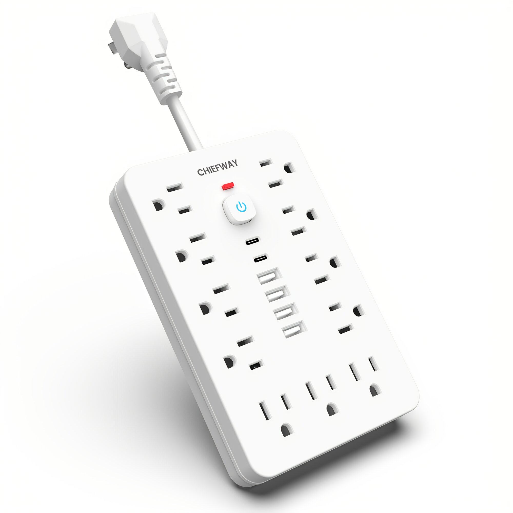 Удлинитель 17 в 1 с 11 розетками, 4 USB и 2 USB-C, плоская вилка, настенный монтаж, защита от перегрузки, белый, короткий шнур