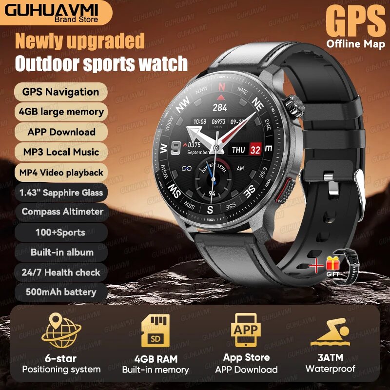 T-Rex3 2026 Мужские умные часы GPS 4ГБ Black Leather