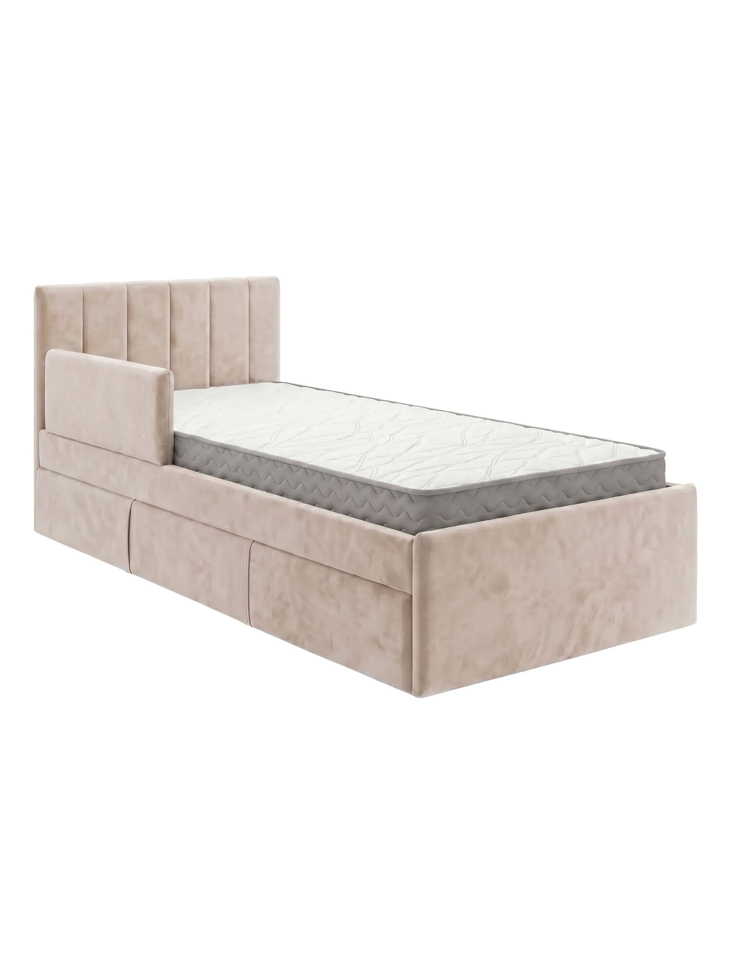 Односпальная кровать Мира 90x200 см, с ящиком для хранения, с мягким изголовьем, Кремовый, велюр С бортиком