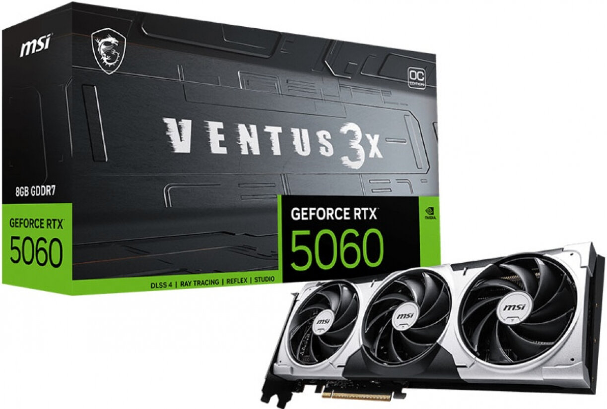 Видеокарта RTX 5060 8Gb MSI VENTUS 3X OC, Blackwell с 3840 ядрами CUDA, 3 вертушки