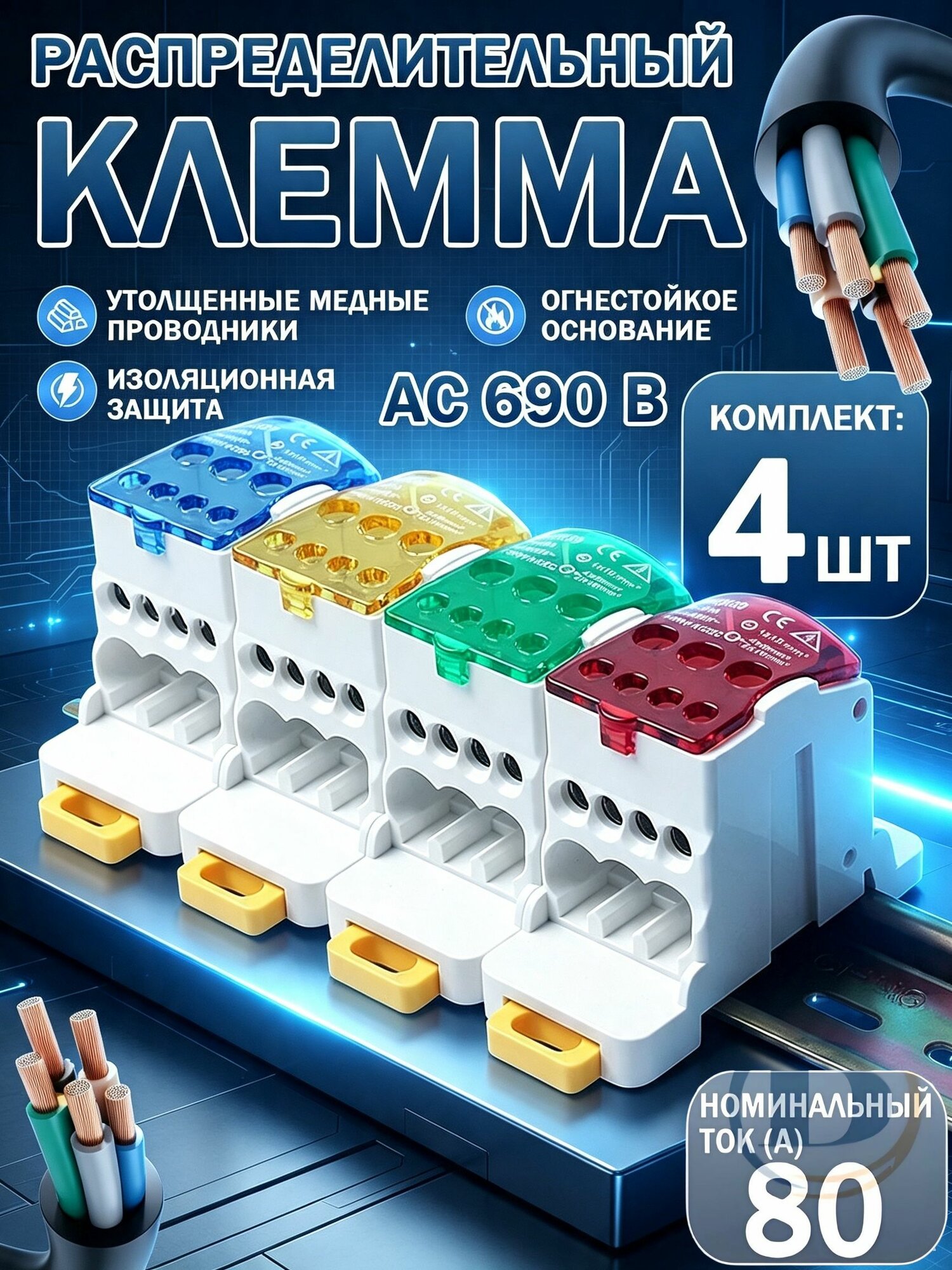 4шт цветные,80А 690В, Распределительный блок на din рейку, блок распределительный на din-рейку, кросс-модуль