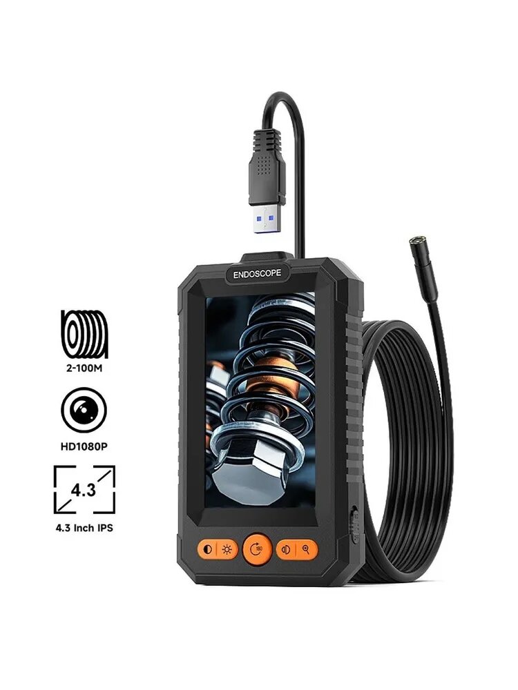 Эндоскоп с экраном 4,3" IPS Full HD 1080P 30M водонепроницаемый, для осмотра авто, труб и канализации