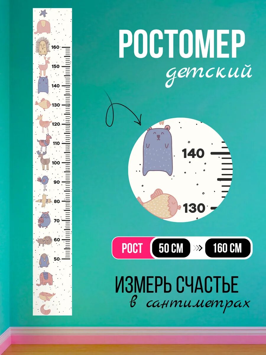 Детская наклейка ростомер на стену Зверушки 20х160 см