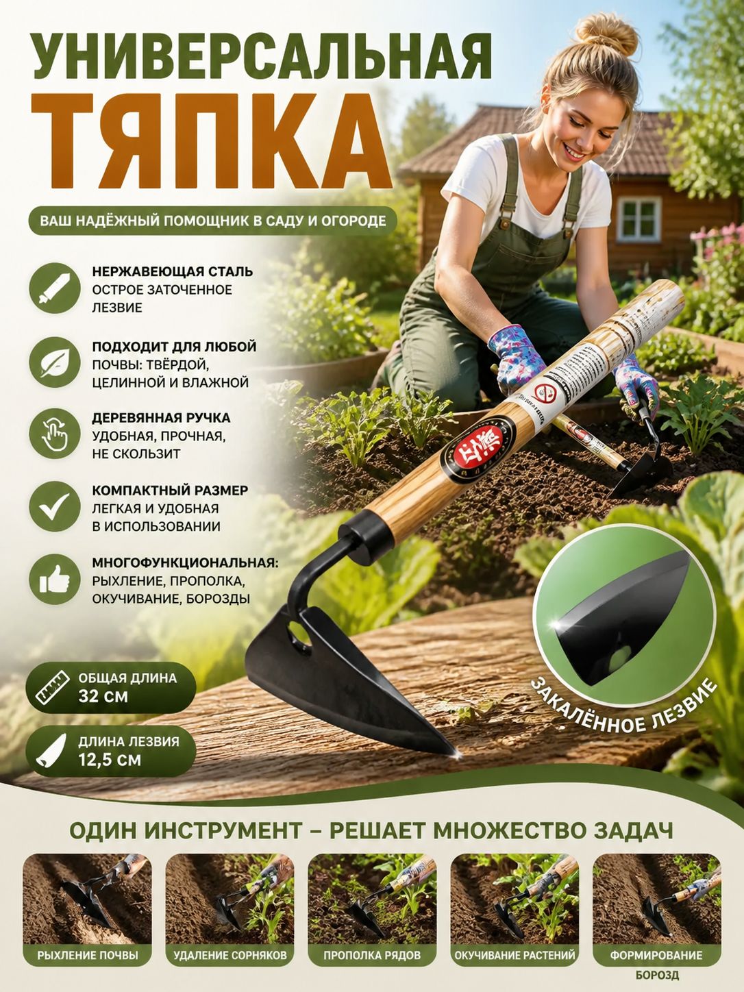 Мотыга 27.1 см рукоять, 12.1 см ширина, нержавеющая сталь
