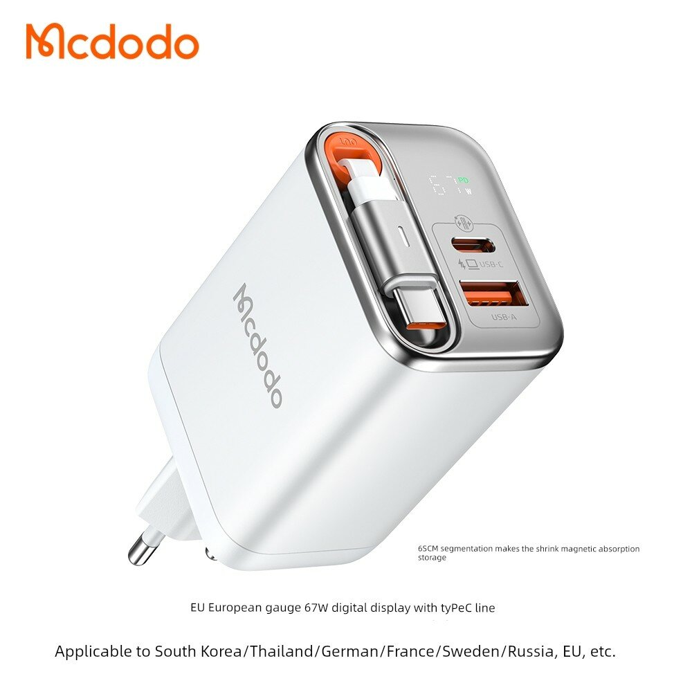 Белое зарядное устройство 67 Вт с кабелем USB-C 65 см, совместимое с iPhone 16/15 Pro