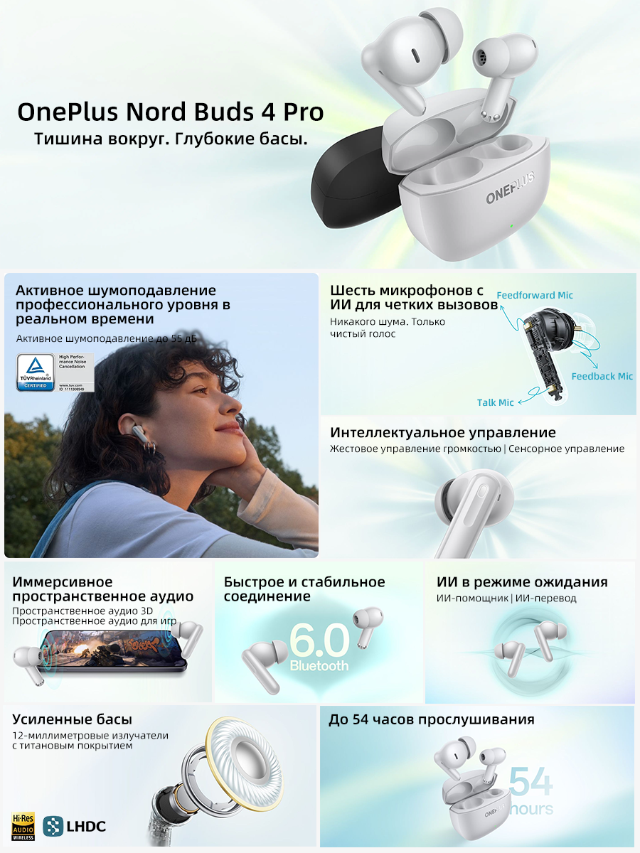 Глобальная версия Oneplus Nord Buds 4 Pro TWS Наушники Активное шумоподавление на 55 дБ