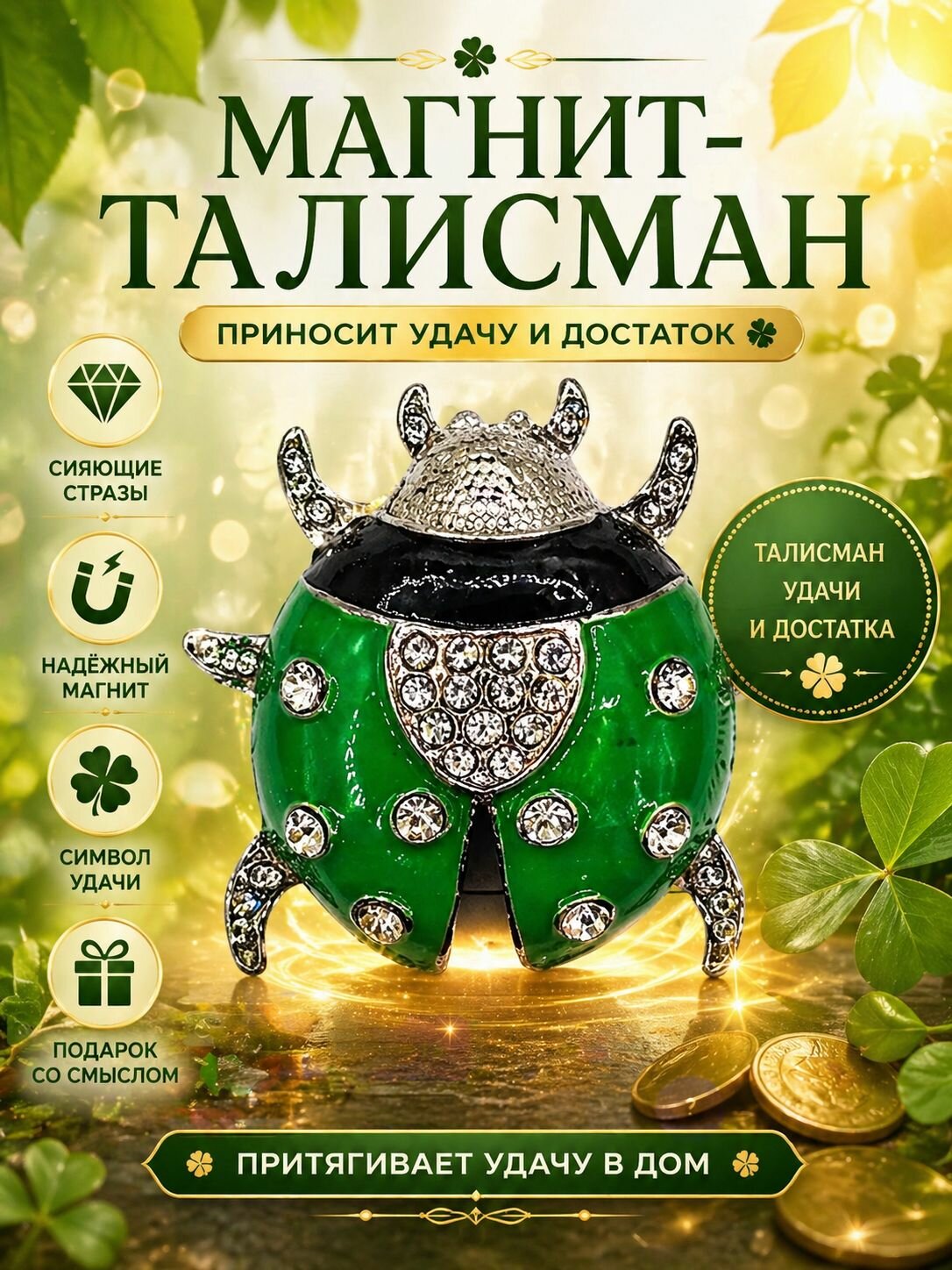 Божья коровка магнит со стразами на холодильник