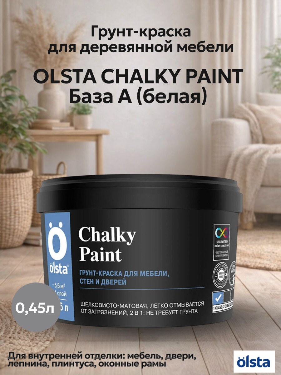 Краска матовая для мебели, стен и дверей Olsta CHALKY PAINT База А (0,45л)