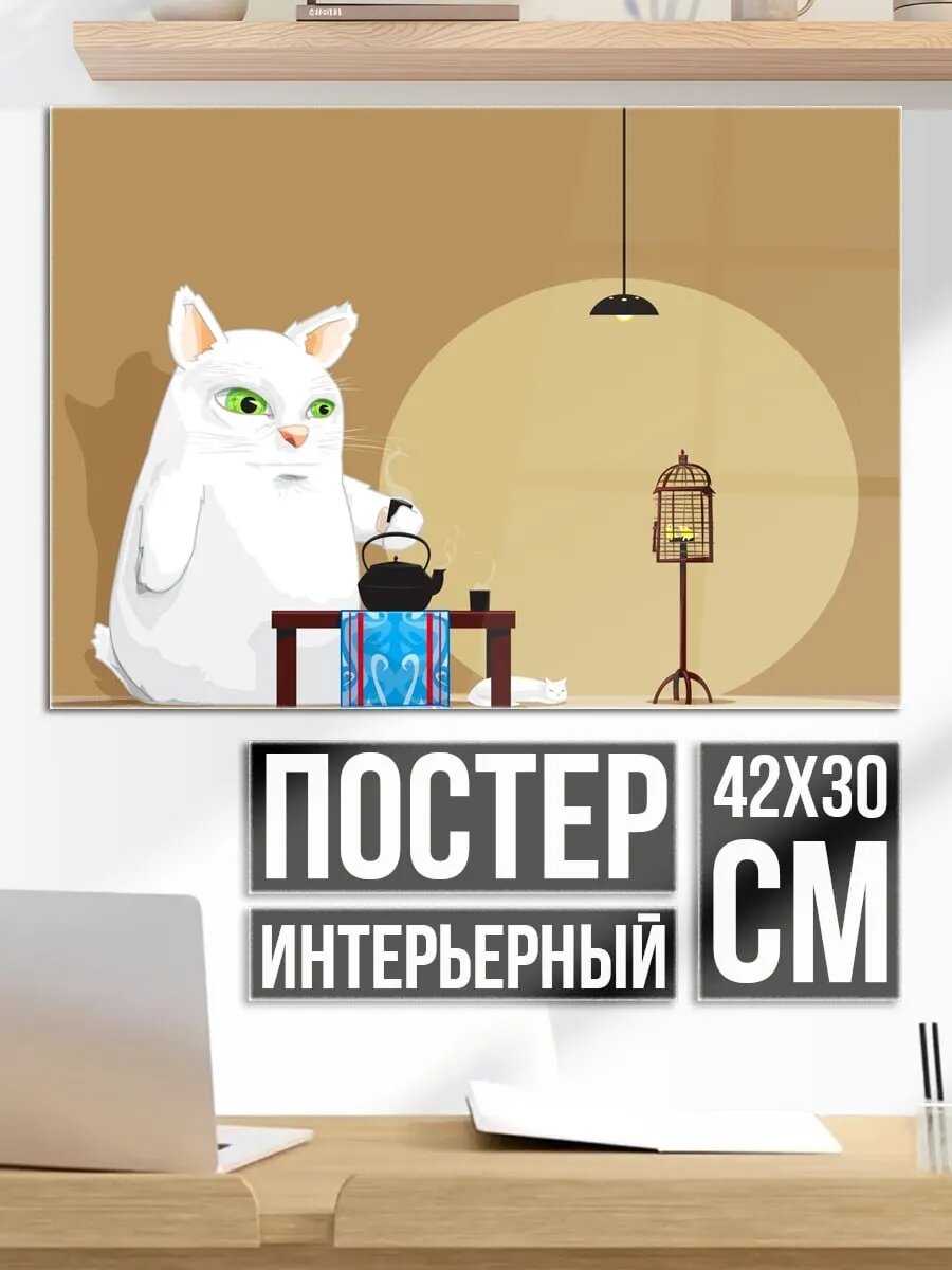 Плакат постер Белый кот пьет чай