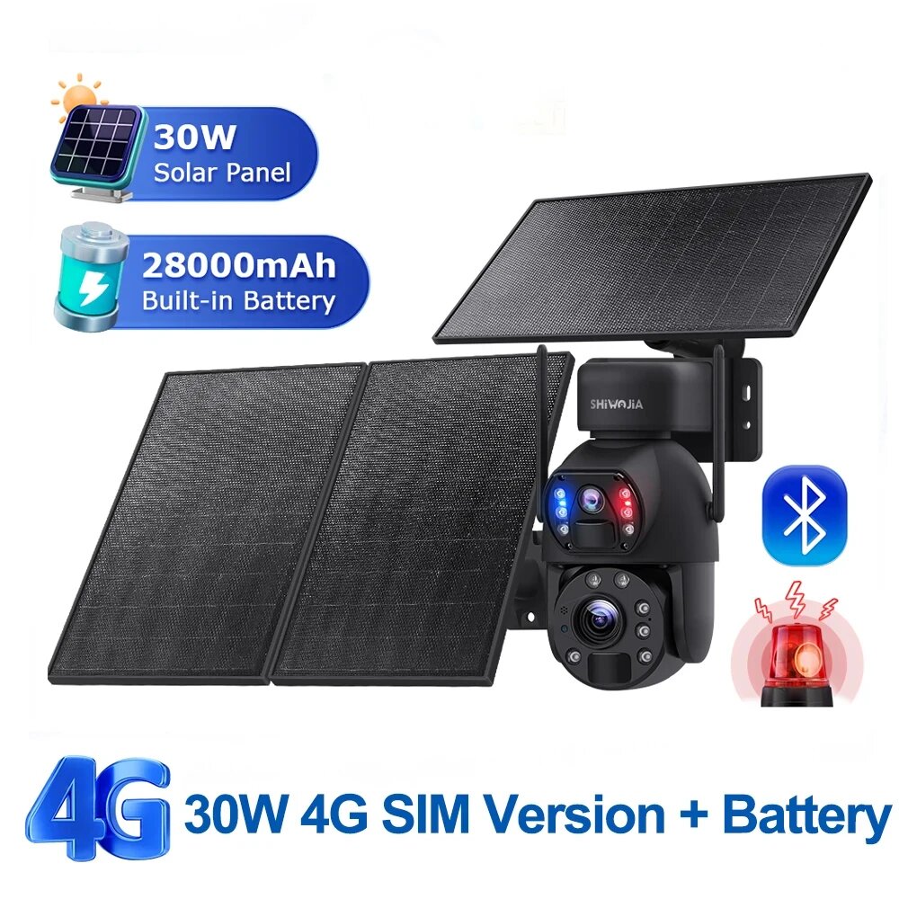 SHIWOJIA 12MP 50X ЗУМ Солнечная камера 4G SIM 30W Солнечная панель 28000mAh Аккумуляторная камера 360 Наружная Двойная линза Запись Голова PTZ с распознаванием людей