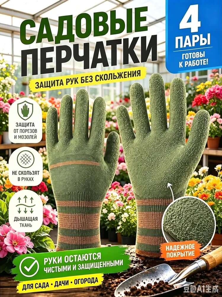 Перчатки рабочие противоскользящие, для работы в саду и огороде, универсальные 4 пара