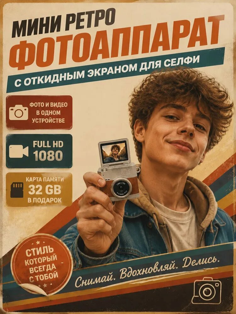 Цифровой фотоаппарат, мини камера брелок с откидной панелью для селфи, коричневый, ретро