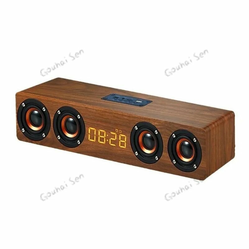 Деревянная звуковая панель 20W стерео с Bluetooth, LED-дисплеем, будильником и FM-радио для дома и путешествий