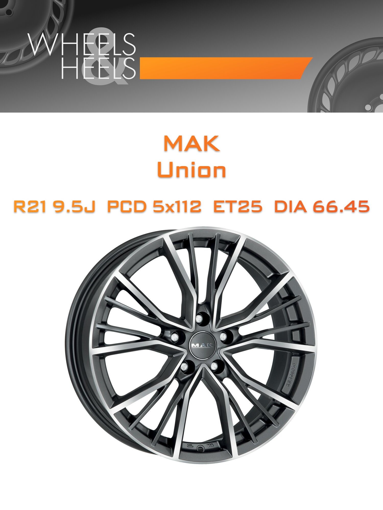 Диск автомобильный литой MAK Union 21x9.5 5x112 et25 dia66.45 Серый с полированной лицевой частью