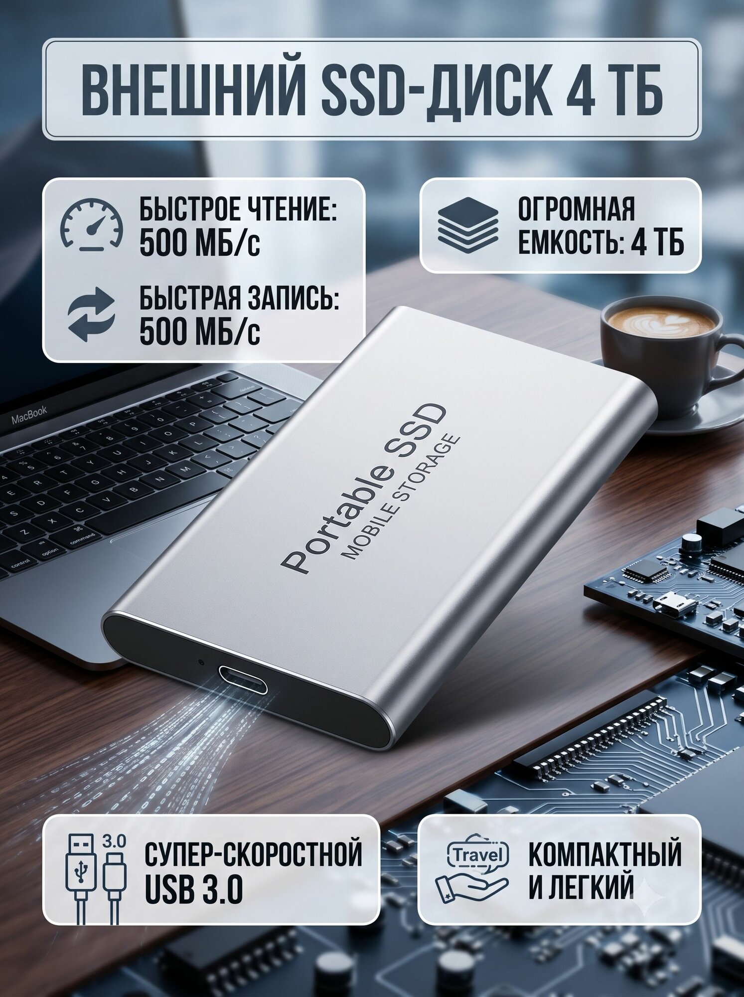 4 ТБ Внешний SSD-диск (4T), USB 3.0, чтение - 500 Мб/с, запись - 500 Мб/с
