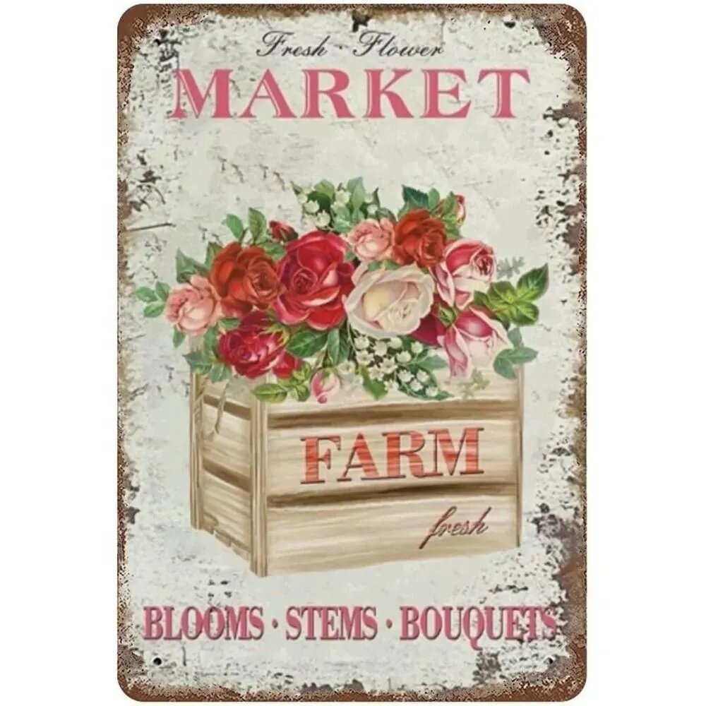 Металлическое панно на стену "Flower Market" 20х30 см, Декор в стиле Прованс и Кантри, Садовая табличка