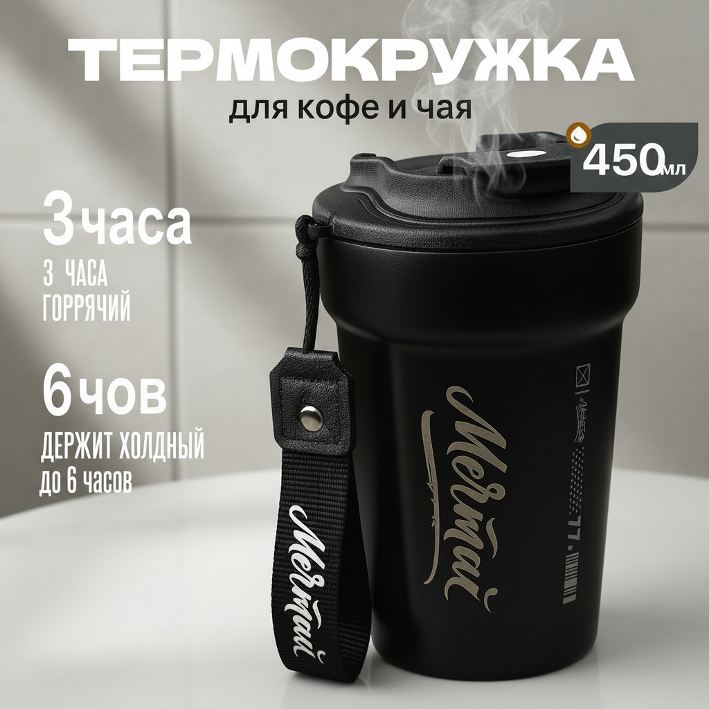 Автомобильная кружка термос 450 мл черная 17 см