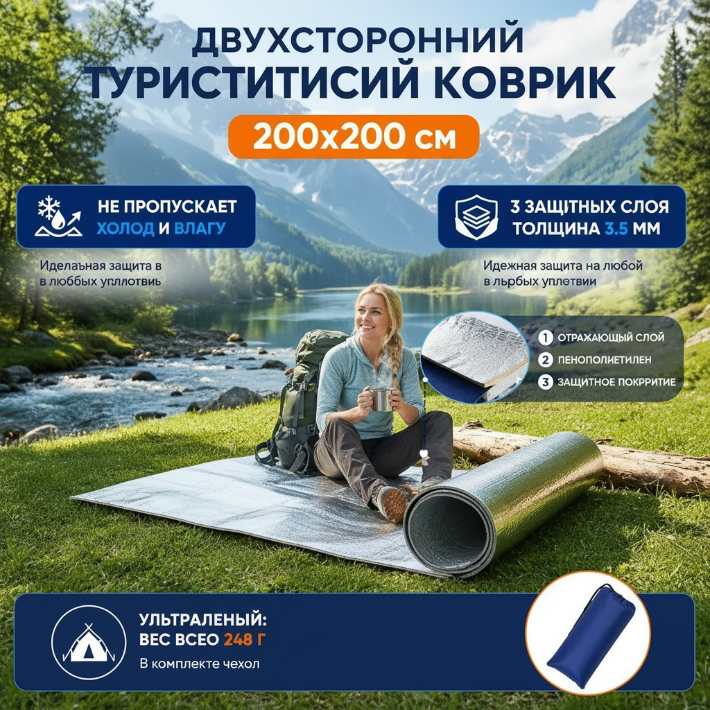 Туристический коврик, двухсторонний фольгированный-термоковрик водонепроницаемый 200х200 см, для палатки/кемпинга и пикника на природе.