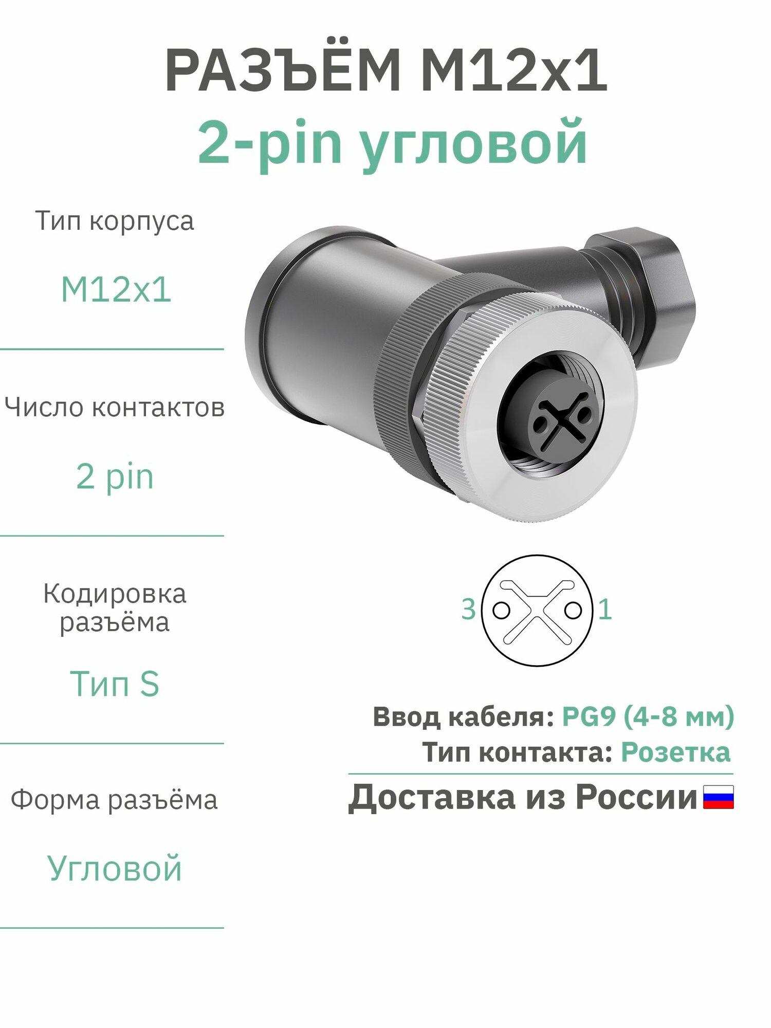 RAZM-F12-C2A-CODE-S-PG9 разъём M12 S-coding 2 pin угловой / розетка (мама) / PG9 (5-8 мм диаметр под кабель)