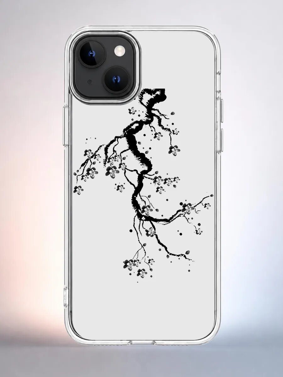 Чехол iPhone 15 ветка сакуры силиконовый прозрачный