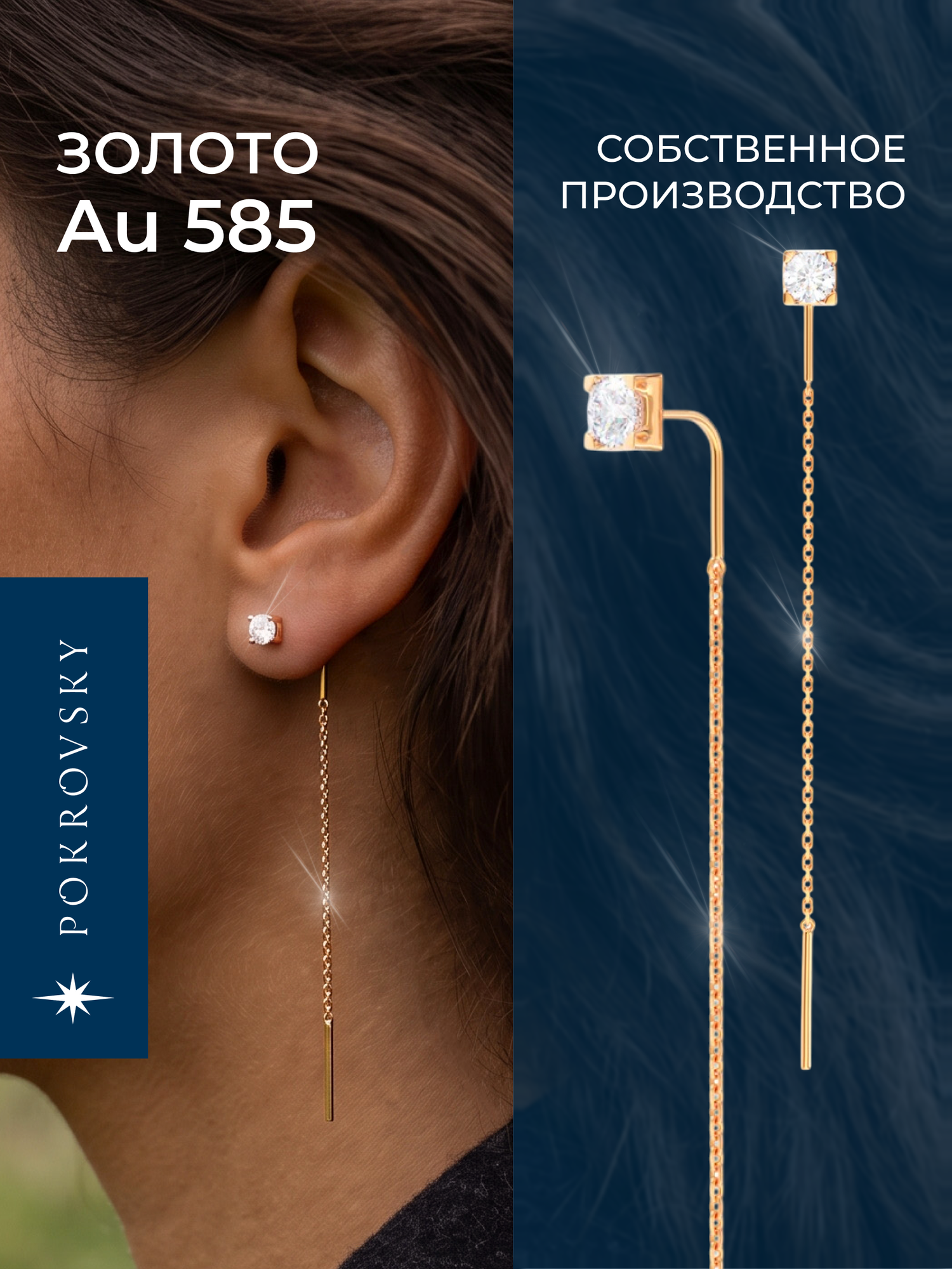 Серьги цепочки POKROVSKY, красное золото, 585 проба, фианит