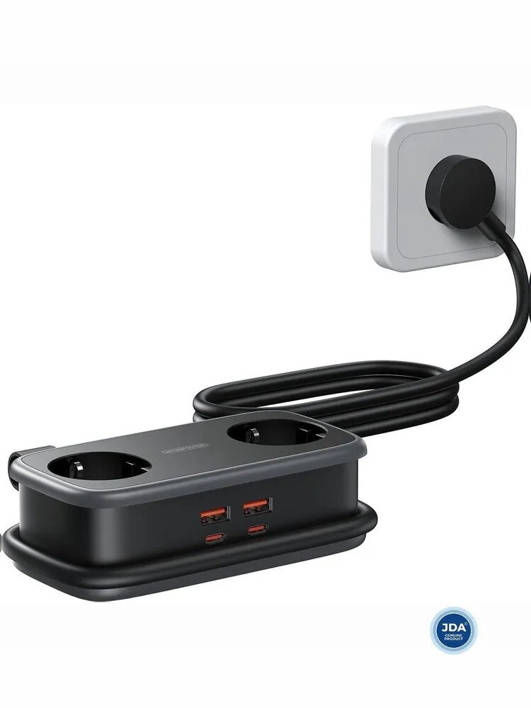 Удлинитель GaN 65W с плоской вилкой, 2 розетки + 4 USB (2C+2A), 1.5м, органайзер кабеля, черный
