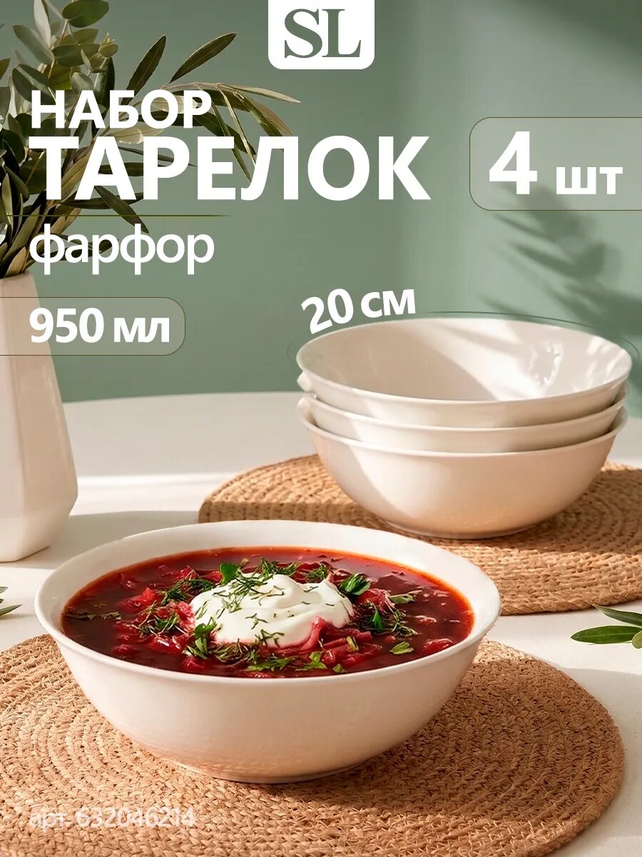 Тарелки глубокие Доляна White Label, набор 4 шт, 950 мл, 20×6.5 см, фарфор, белые