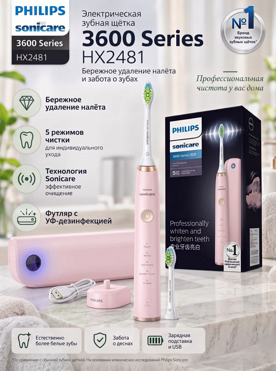 Электрическая зубная щётка Philips Sonicare 3600 series HX2481 розовая, дезинфектор,5 режимов, зарядная база, версия CN