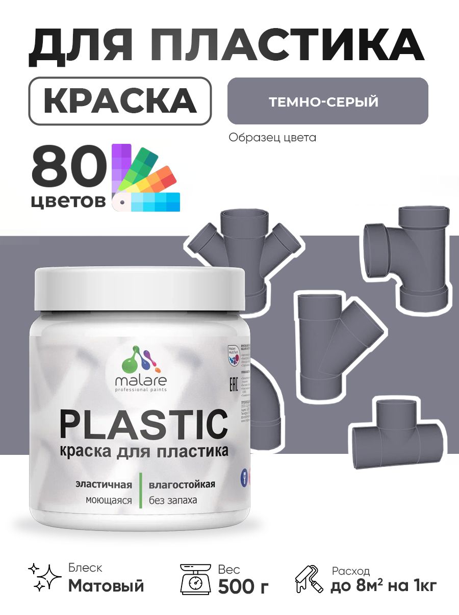 Акриловая краска для пластика Malare Plastic для пенопласта ПВХ сайдинга, для подоконников и откосов, быстросохнущая без запаха, матовая, темно-серый, 0.5 кг