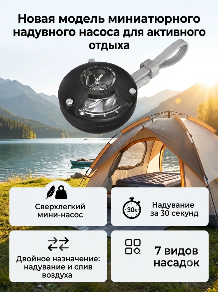 Мини-электронасос портативный, надув и откачка, питание от повербанка, 7 насадки, для кемпинга, матрасов, надувной мебели и пляжа
