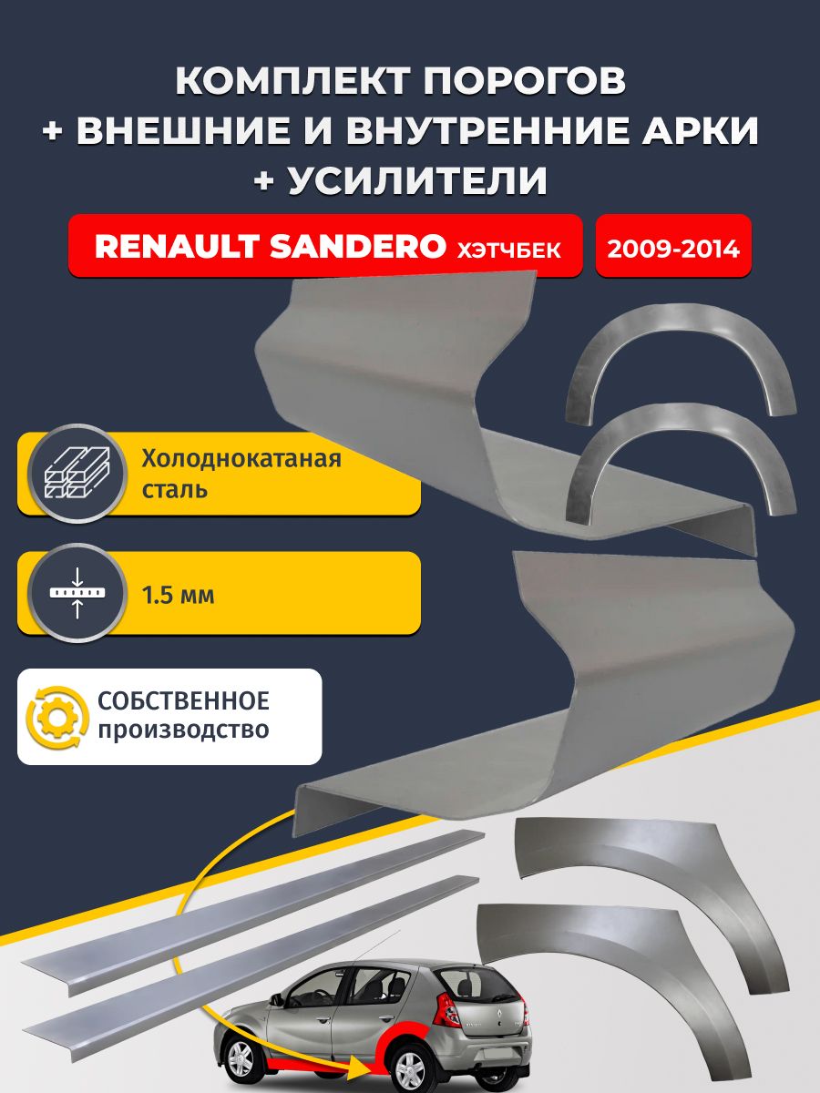 Комплект ремонтных задних внешних и внутренних арок (0,8 мм) + комплект порогов + усилители, на Renault Sandero 2009-2014 хэтчбек 5 дв (Рено Сандеро) Холоднокатаная сталь 1.5 мм