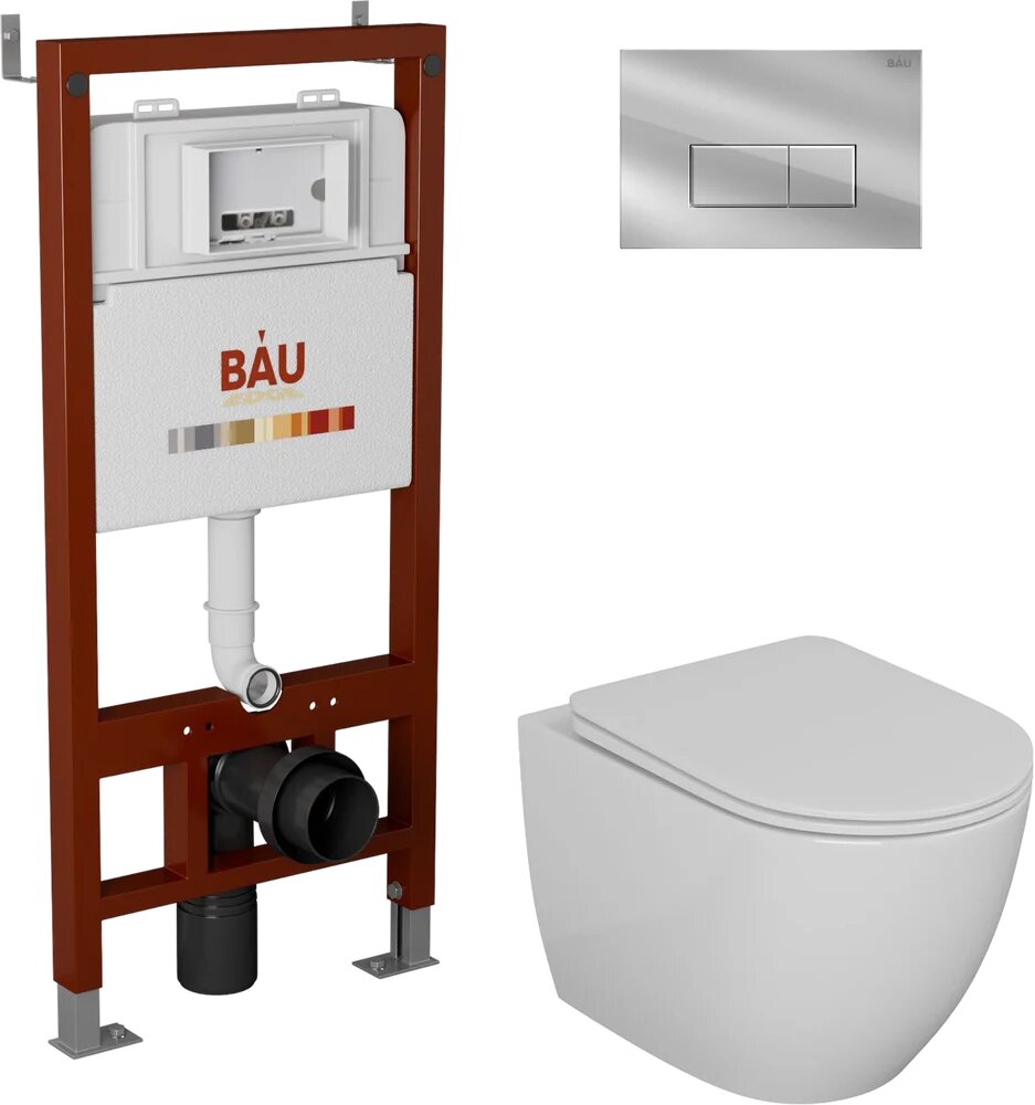 Комплект Унитаз подвесной Bauedge Bau Dream безободковый, с микролифтом / Инсталляция Bau Pro / Кнопка Hotel, хром