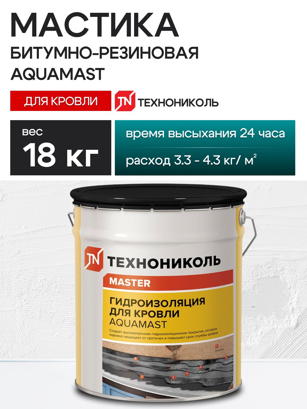 Мастика для кровли битумно-резиновая AquaMast для кровли Технониколь (18 кг)
