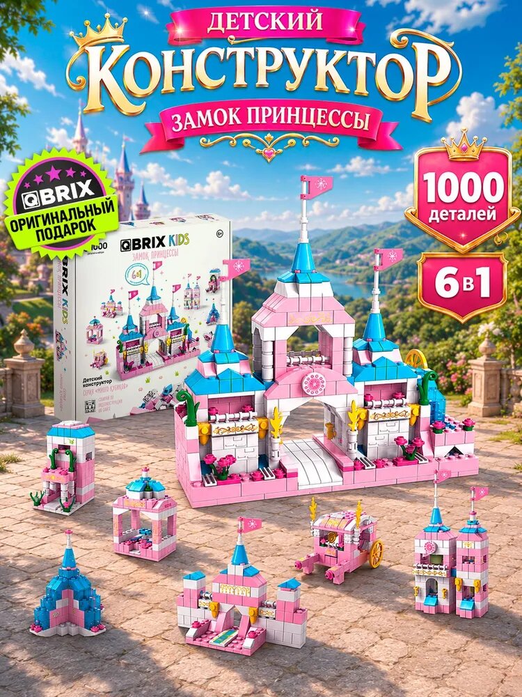 Конструктор Замок принцессы QBRIX KIDS 6 в 1, 1000 деталей: карета, башня, фонтан. Детский набор для девочки от 6 лет