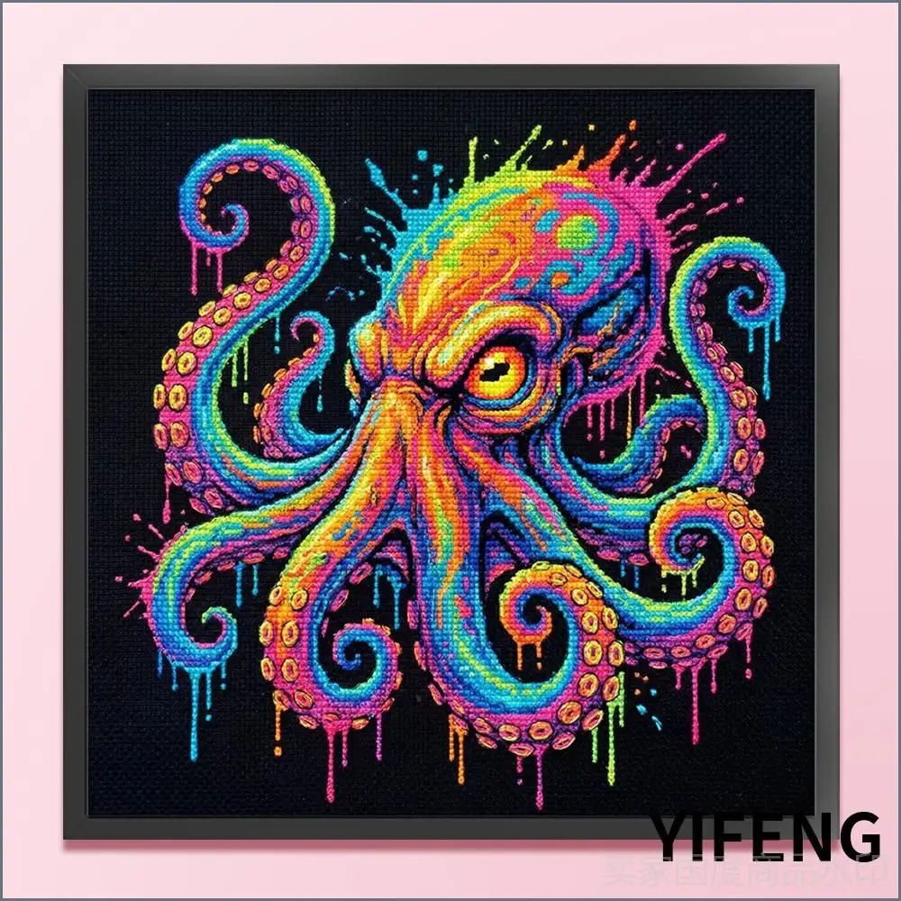Крестиковый набор Colorful Splash Octopus, хлопковая канва 14CT, 30 30 см